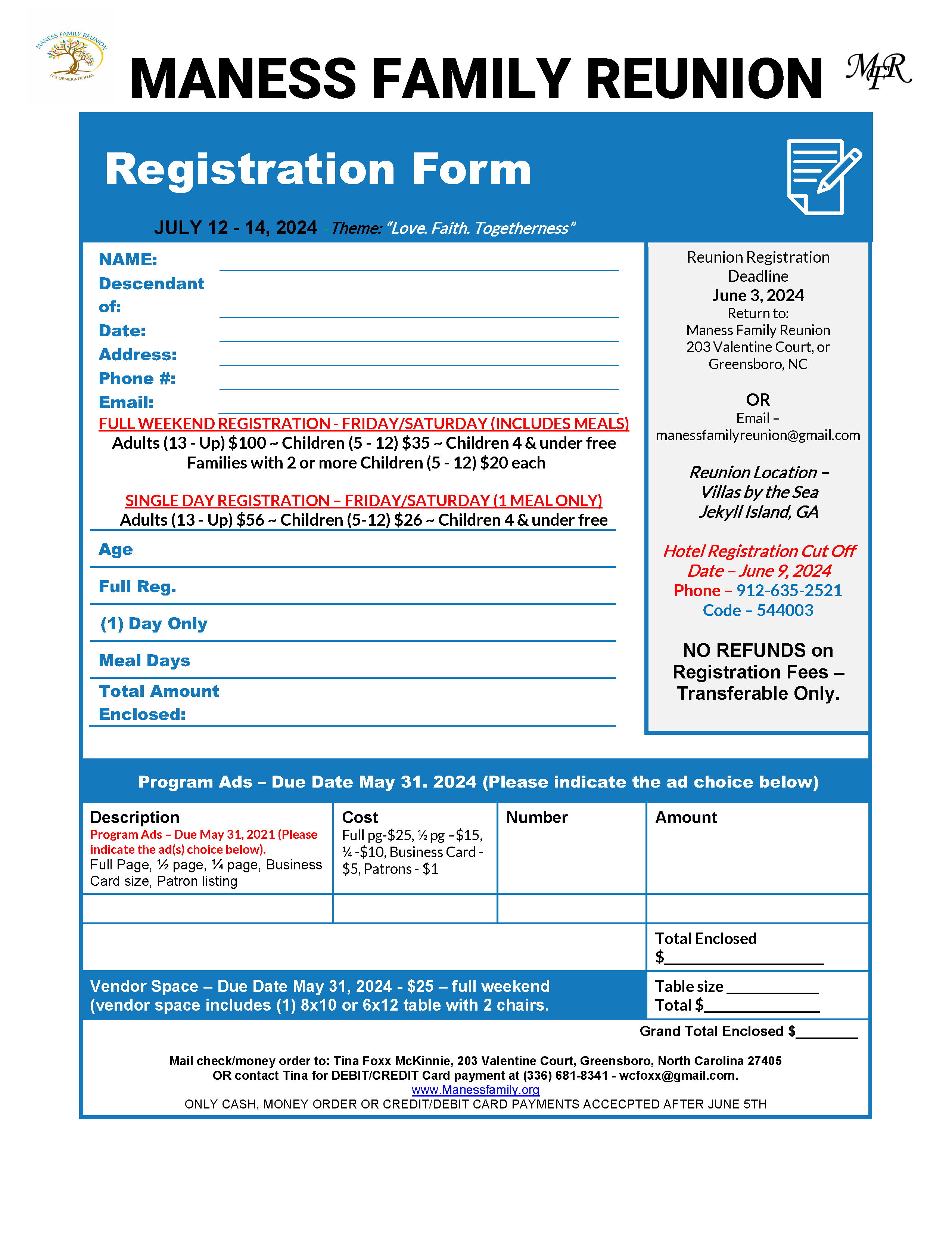 Family Reunion Registration Form Packet